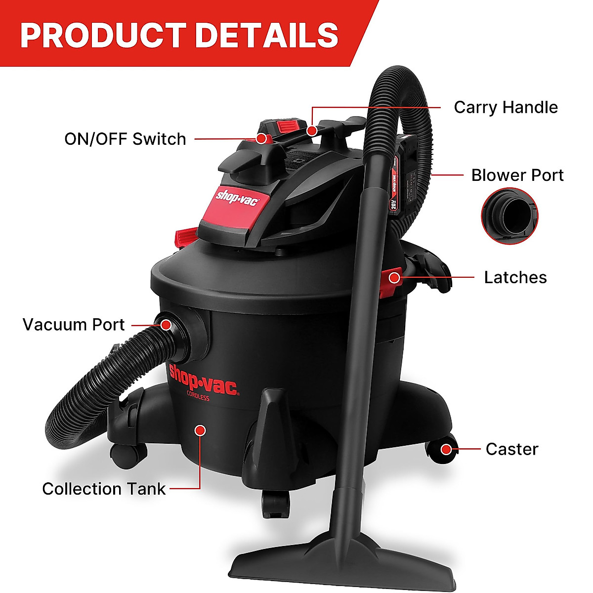 Shop-Vac 6 Gallon Wet Dry Vacuum Cleaner, 8.0 Peak Kpa Shop Vacuum with Blower Function, Cordless Vacuum Cleaner for Pet Hair, Jobsite, Garage, Home & Workshop
