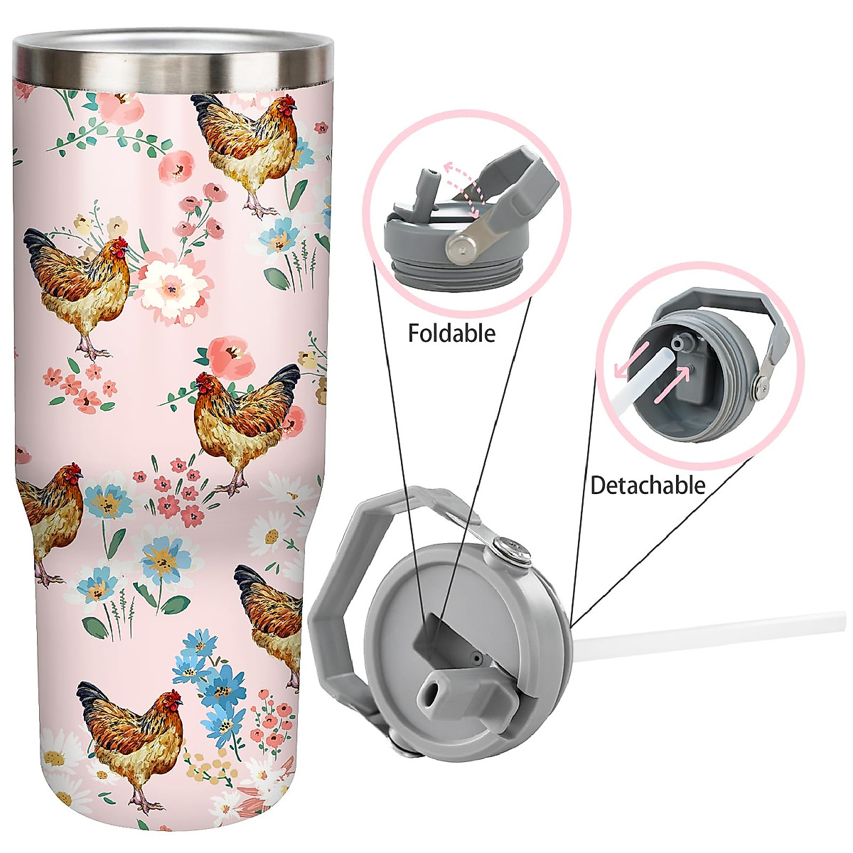 30oz Chicken Tumbler with Handle and Straw, Pink Chicken Stainless Steel Vacuum Insulated Flip Straw Coffee Cups Spill Proof Travel Mug, Chicken Rooster Decor Stuff Gifts for Women Chicken Lover