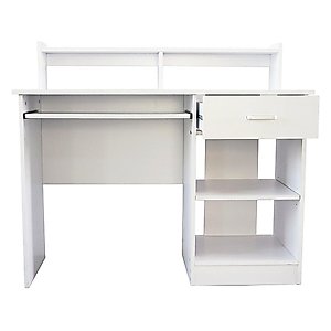 WISCLASS White Computer Desk with Built-in Keyboard Tray and Drawers