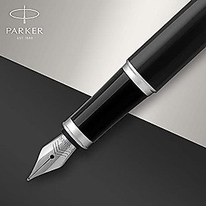 PARKER IM Fountain Pen, Black Lacquer Chrome Trim, Medium Nib with Blue Ink Refill, Gift Box (1931651)