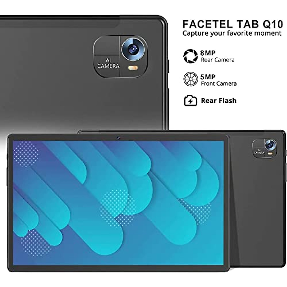 FACETEL Android 11 Tablet 10.1" Q10PRO Tablets:4GB RAM|128GB ROM|5G Wi-Fi|Octa-Core|8000mAh|Bluetooth |Google Certified|with Keyboard, Mouse, Earphones etc./Support Split Screen-Black
