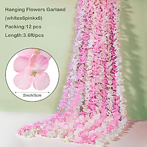 Luinabio 12 Pack 43.2 ft Wedding Artificial Silk Wisteria Vine Fake Hanging Flower Vine Garland Wall Plants Flower String for Home Outdoor Wedding Party Arch Garden Wall Home Decor, White and Pink