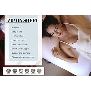 Zip On Fitted Sheet - Includes 2 Zip-On Sheets & 1 Fitted Sheet Base - Upto 16” Inch Deep Pockets Full Size Zipper Fitted Sheets - Soft Cotton 600 TC Fitted Sheet - White
