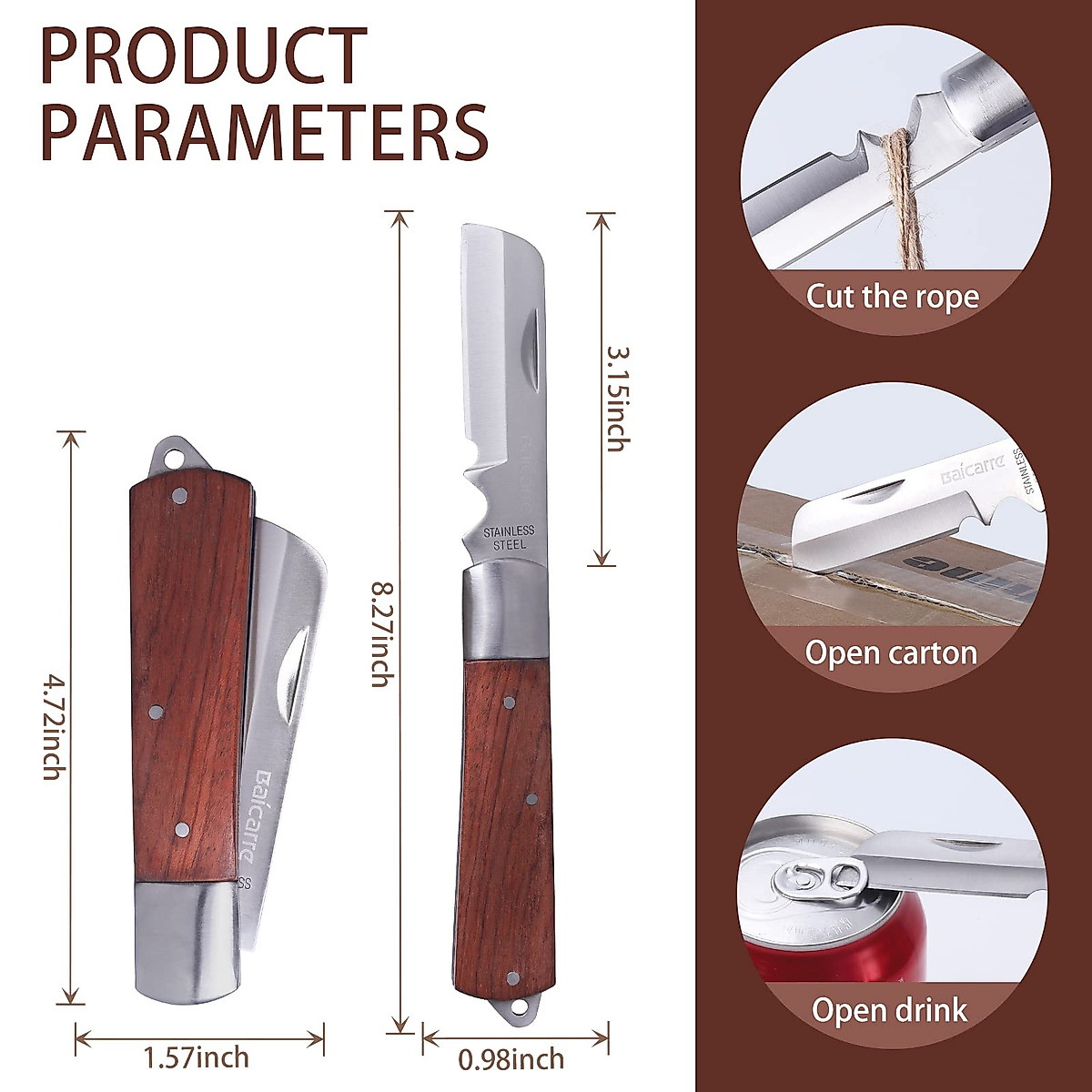 BaiCarre Pruning Knife,Grafting Knife, Stainless Steel Garden Budding Knife, Folding Pocket Knife for Grafting Multi Cutting Tool, Weed Bushes Branches Mushroom Diggig Knife