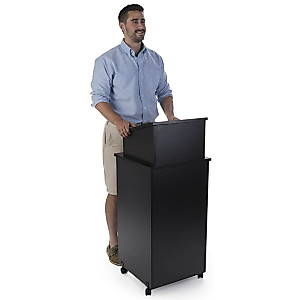 Displays2go Black Speaker Lectern, Elevated Reading Surface, Enclosed Storage Area, Melamine MDF – Black (LCTTBLRBKD)