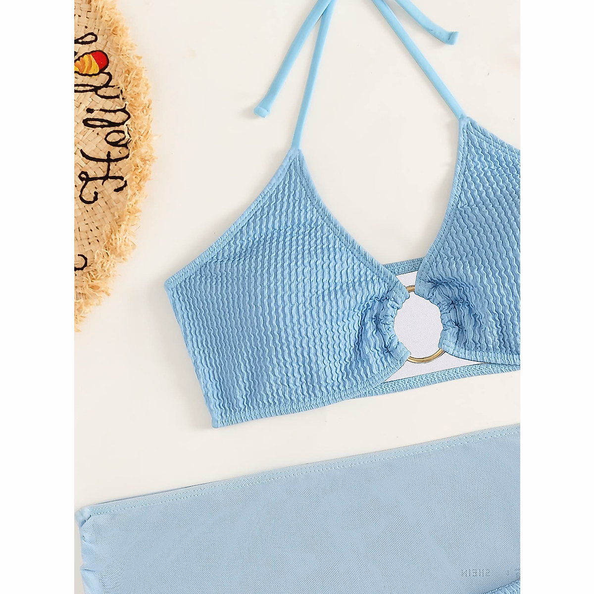 MakeMeChic Women's 3 Piece Bathing Suits Halter Ring Bikini Set with Cover Up Skirt Light Blue S