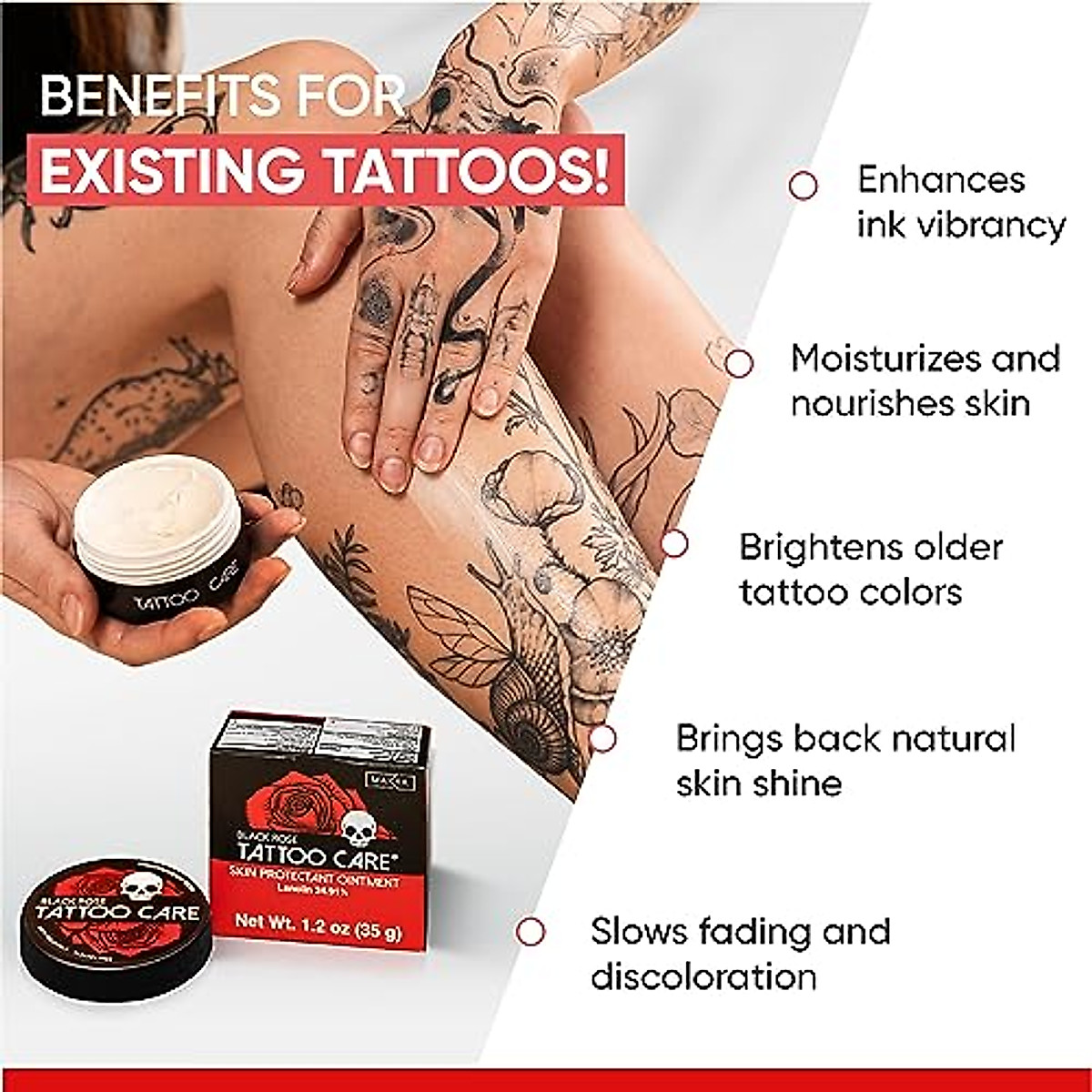 TATTOO CARE Makra Black Rose – Aftercare & Brightener Ointment - for New & Older Tattoos – Protects and Deeply Moisturizes – Enhances Colors, Prevents Fading, Brings Back Shine - 1.2 Oz/35 g