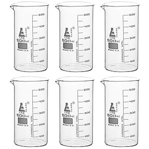 EISCO 6PK Beakers, 500ml - Tall Form with Spout - White, 50ml Graduations - Borosilicate 3.3 Glass
