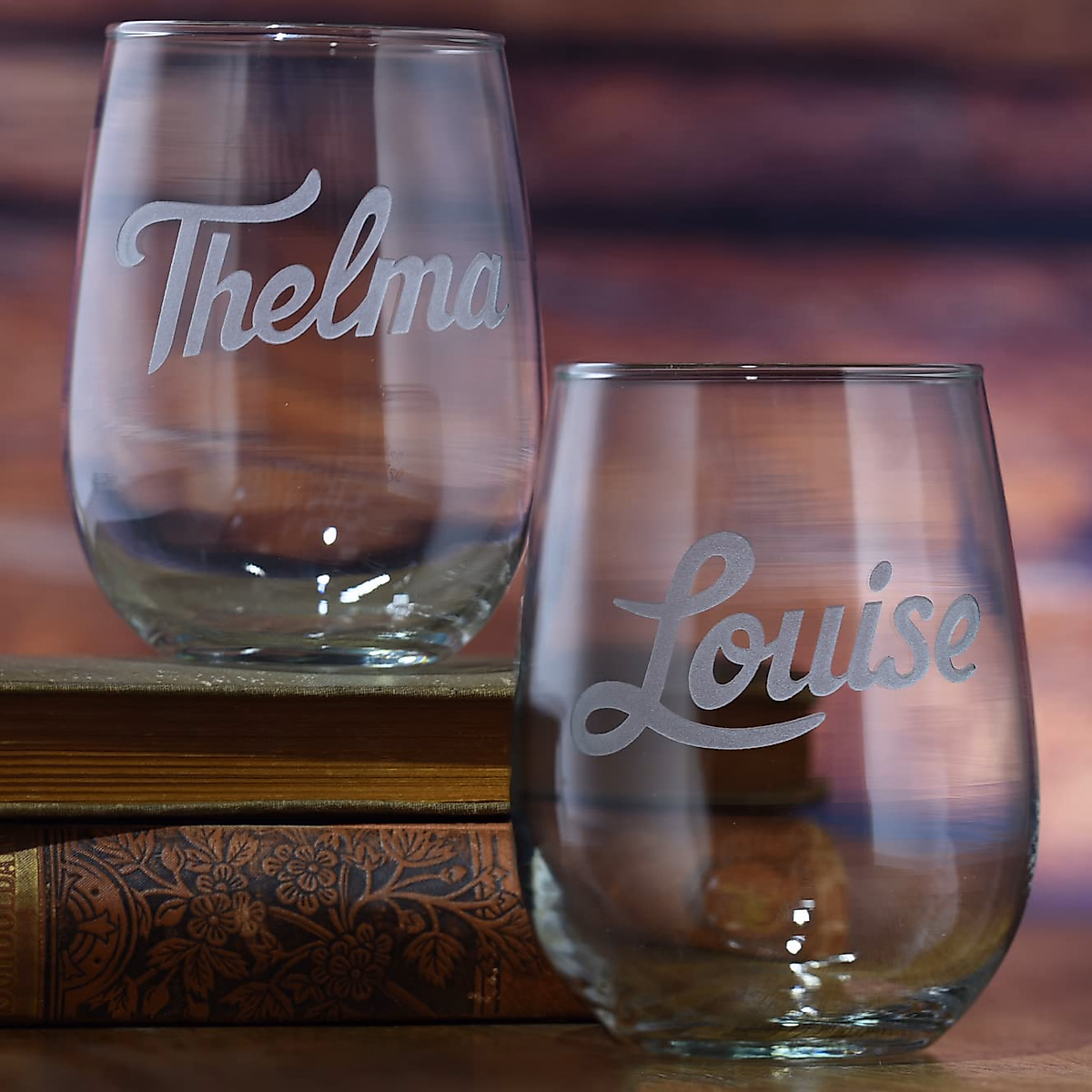Thelma & Louise Engraved Stemless Wine Glass Set