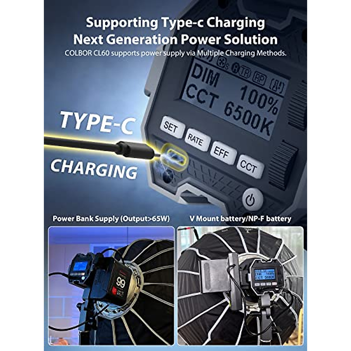 Video Light, COLBOR CL60 65W COB LED Continuous Output Lighting 2700k-6500K CRI97+ Monolight with Bowens Mount APP Control for Outdoor Shooting Filming Conference, LED-Video-Light-Photography-Studio