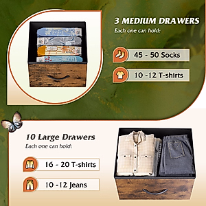 WLIVE Tall Dresser for Bedroom with 13 Drawers, Storage Dresser Organizer Unit, Fabric Dresser for Bedroom, Closet, Chest of Drawers, Steel Frame, Wood Top, Rustic Brown Wood Grain Print