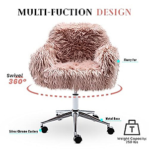 Lamerge Faux Fur Chair,Fluffy Upholstered Padded Seat,Adjustable Seat Height,Swivel Chair with Wheels,Perfect As Makeup Vanity Chair,Office Chair Pink