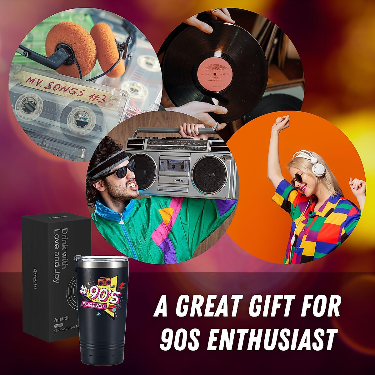 Onebttl 90s Retro Nostalgia Gifts Tumbler Travel Coffee Mug, Stainless Steel Insulated with Lid 20oz/590ml