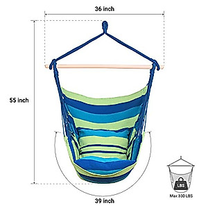 Ankwell Hammock Chair Hanging Rope Swing Seat - 2 Cushions Included - Max 330 Lbs - Quality Cotton Weave for Indoor or Outdoor Spaces (Green-Blue)