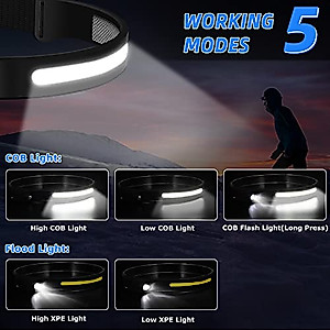 Headlamp Rechargeable 3Pack, LED Headlamp Flashlight with Motion Sensor, 230° COB Wide Beam Head Lamp, 5Mode Head Lights for Forehead Waterproof, Bright Headlamps for Adults Hardhat Running Camping
