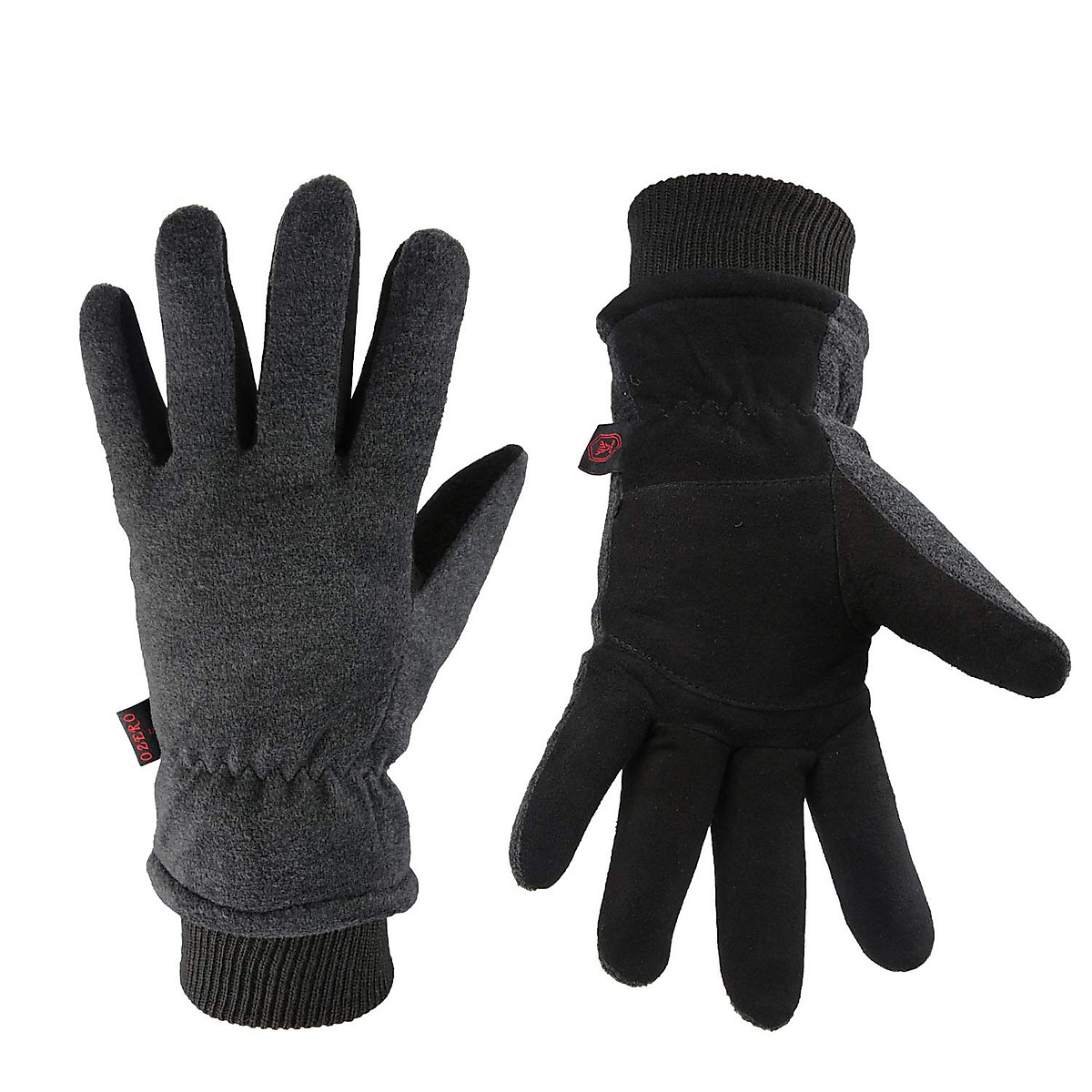 OZERO Winter Gloves Insulated Work Cold Proof Deerskin Suede Leather Thermal Fleece for Men and Women Grey-Black Small