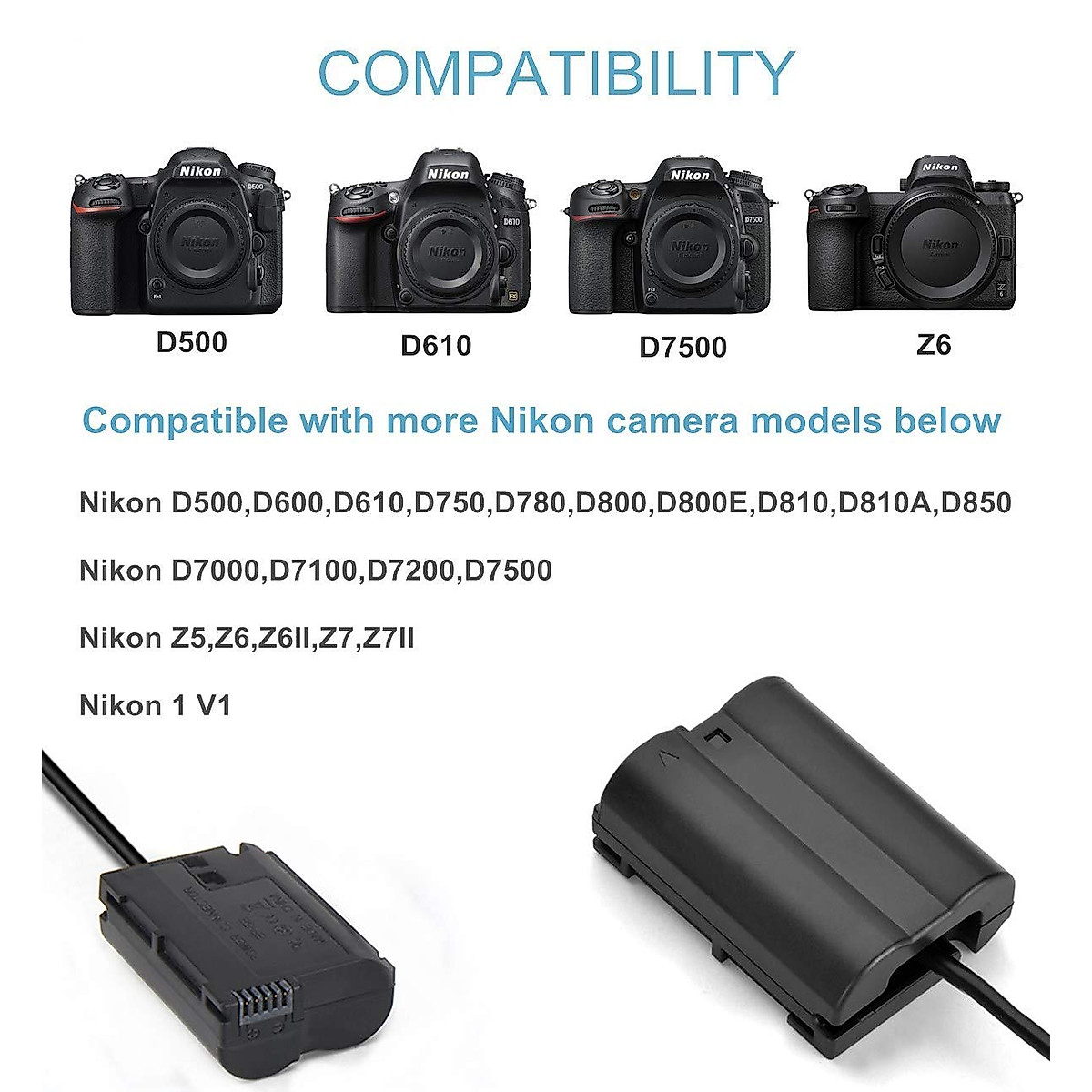 Kimaru EH-5b AC Power Adapter EP-5B DC Coupler EN-EL15 Dummy Battery Kit for Nikon D7500 D7200 D7000 D7100 Z6 Z7 D750 D780 D800 D600 Z5 D500 Z6II Z7II Z8 D810 D610 D800E D810A D850 1V1 Cameras.
