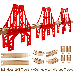 Wooden Train Bridges, 3 Suspension Bridge, Wooden Train Track Accessories, Wooden Train Track, Train Tracks Compatible with All Major Brands, Wooden Toys for Girls & Boys