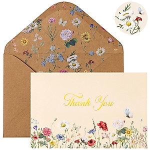 Crisky Vintage Floral Thank You Cards with Envelopes & Stickers 50 Pack Wildflower Thank You Cards Bulk for Birthday, Baby Shower,Bridal Shower, Wedding, Graduation, Business