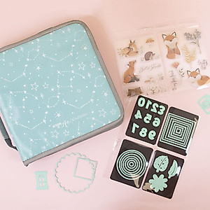 Craftelier - Stamp and Die Organiser | 2 D-Ring System for 6" x 8" Pouches | Size 25.5 x 25.5 x 7 cm (10" x 10" x 2.75") - Turquoise with Constellation Pattern