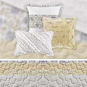 Madison Park 100% Cotton Quilt Set Floral Print, Double Sided Stitching, All Season, Lightweight Coverlet Shabby Chic Bedding Layer, Matching Shams, Full/Queen, Yellow 6 Piece