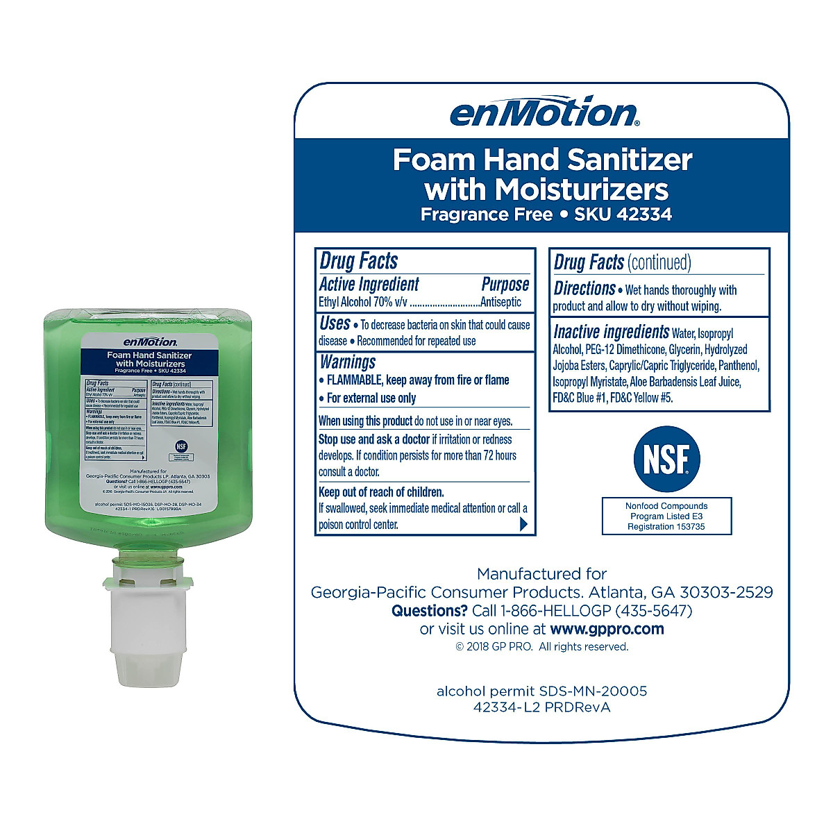 EnMotion Gen2 Moisturizing Foam Hand Sanitizer Dispenser Refill By GP PRO (Georgia-Pacific), Fragrance Free, 42334, 1000 ML Per Bottle, 2 Bottles Per Case