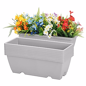 Whonline 8 Pack Window Planter Box, 17 Inches Plastic Window Boxes Rectangular Flower Vegetable Planters with Drainage Holes and Saucers for Indoor Plants Outdoor Garden Patio (Light Gray)