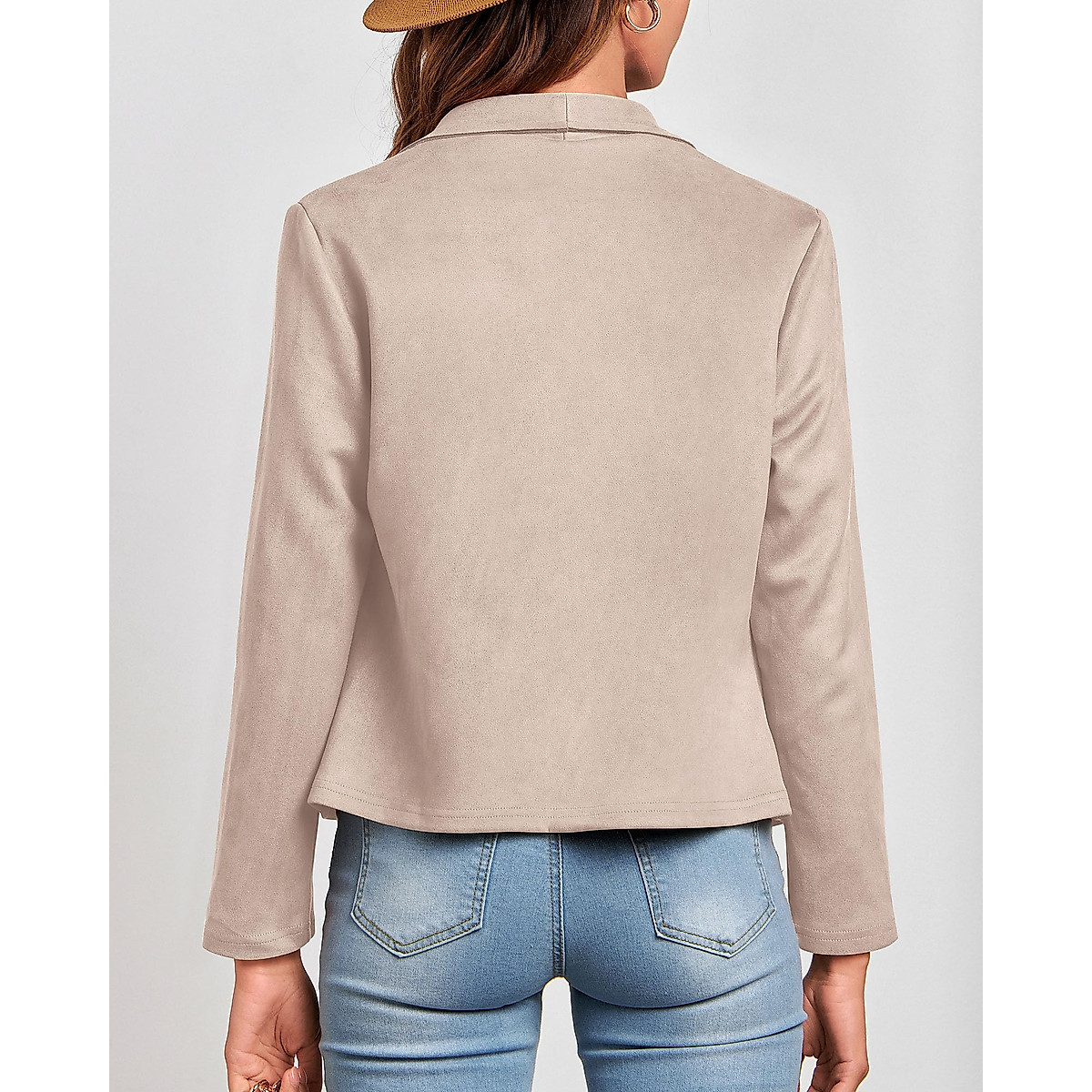 KIRUNDO Women's Faux Leather Suede Jacket 2024 Fall Fashion Light Long Sleeve Cropped Jacket Coats with Pockets(Beige Apricot, Medium)