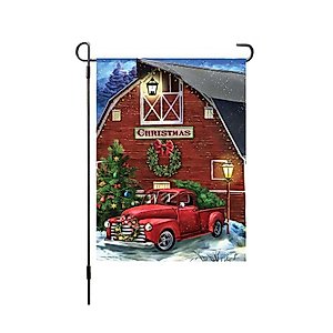 Christmas Vertical Garden Flag 12x18 Double Sided, Red Truck With House Flag For Outside, Merry Christmas Yard Flags, Durable Burlap Flag Holiday Farmhouse Patio Yard Outdoor Party Decor Gift