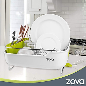 zova Premium Stainless Steel Dish Drying Rack with Swivel Spout, Dish Drainer Utensil Organizer for Kitchen– Medium, White &Green