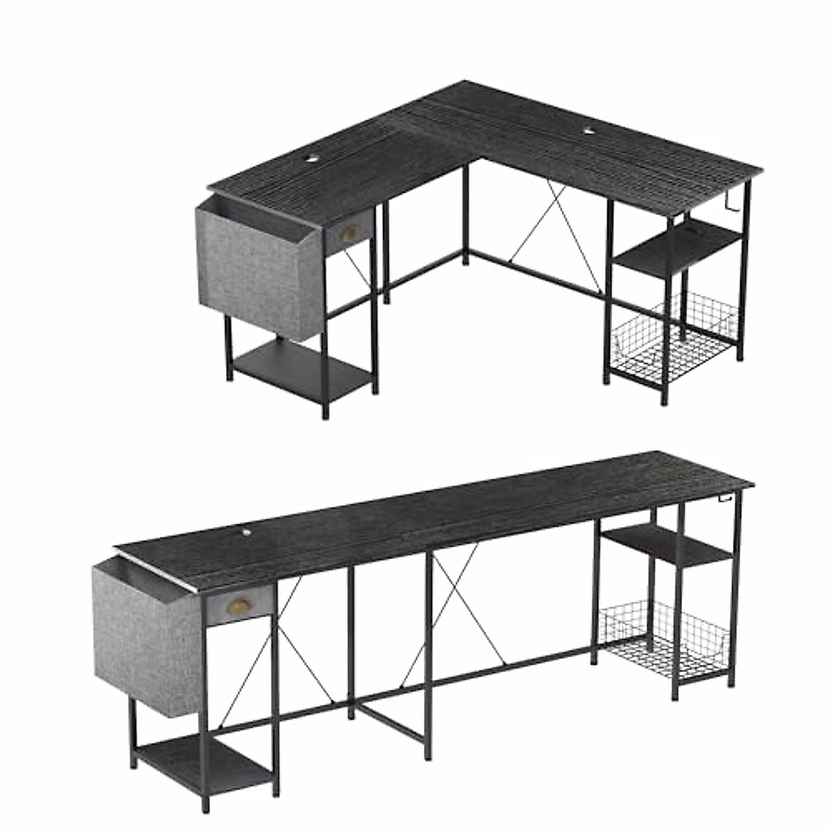 X-cosrack 88.5inch Large L-Shaped Computer Desk with Storage Shelves Drawer, Home Office Writing Corner Desk, 2 Person Long Desk PC Laptop Workstation with Hooks Storage Bag Cable Hole-Black