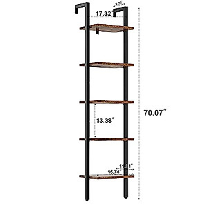 YMYNY 5 Tiers Ladder Bookcase, Industrial Wall Mounted Bookshelf, Open Display Rack with Metal Frame, Wooden Storage Shelves for Bedroom, Home Office, Plant Stand, Rustic Brown, 70*17.3*11.8"UHBC015H
