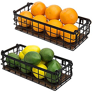 MyGift Wall Mounted or Tabletop Rustic Black Metal Wire and Burnt Wood Small Decorative Storage Baskets with Handles, Set of 2