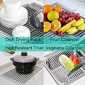 EC ELEGANTCHARM Roll Up Dish Drying Racks, Over Kitchen Sink Counter Rv Wide 17.5" x 16" Rollup Dish Rack, Foldable Stainless Steel Multipurpose Heat Resistant Rolling Dishes Drainer