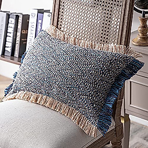 Phantoscope Decorative Boho Throw Pillow with Pillow Insert Included, Hand Woven Textured Pillow Cover with Fringe Trim, Modern Farmhouse Square Cushion Pillow, Dark Blue 12 x 20 Inches