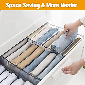 PANDOLA 2 Pack 7 Grids Wardrobe Clothes Organizer, Washable Foldable Clothes Organizer for Folded Clothes, Compartment Storage Box Drawer Organizer for T-shirt Legging Skirts Kid Clothes (Gray)