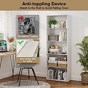 Tangkula 5-Shelf Bookcase, 23.5''L x 9.5''W x 67''H, Multi-Functional Wood Storage Display Open Bookshelf for Home Office (White)
