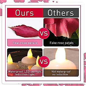 12 Pcs Flameless Floating Candles Tealights Valentine's Day Romantic Decor Waterproof Battery Candles with Dried Rose Petals for Birthday Anniversary Wedding Centerpiece SPA Party Supplies