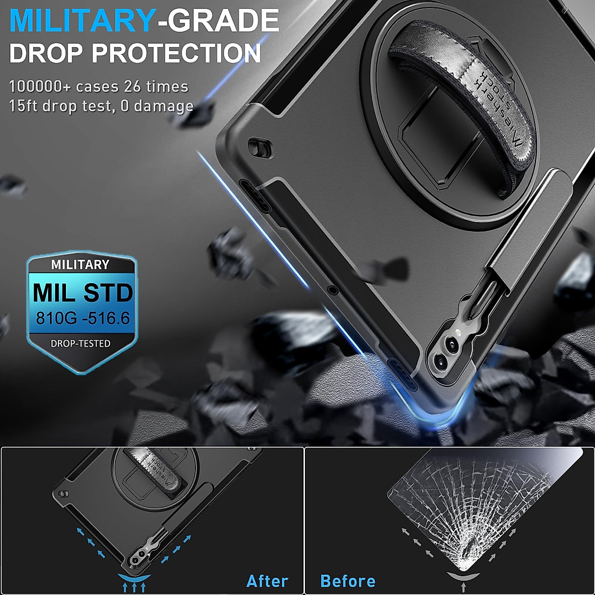 Case for Samsung Galaxy Tab S10 Ultra 2024: 3-Layer Rugged Military Grade Shockproof Case for Tab S9 Ultra/S8 Ultra 14.6 '' W/360° Swivel Stand - Handle - Shoulder Strap - S Pen Holder（Black+Black）