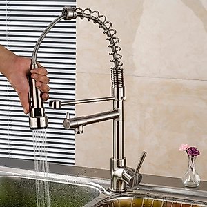 Kitchen Sink Faucet for Bar Farmhouse Commercial, Black/Chrome Brass Spring Type Kitchen Faucets,Fixed Support 360 Rotate Kitchen Faucet, Button Dual Spout Crane Sink Mixer Taps (Color : Brushed Nick