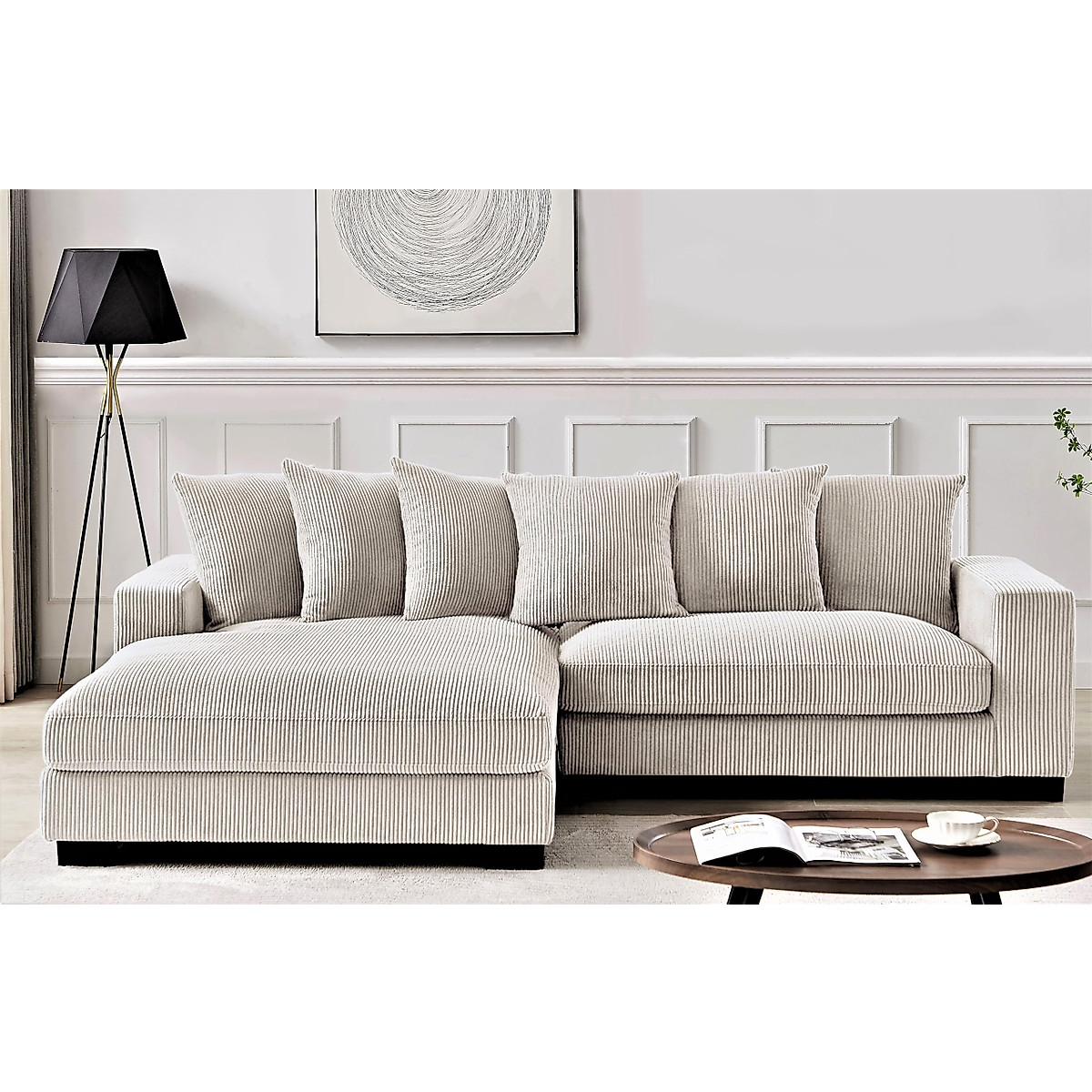 Container Furniture Direct Luxe Oversized Two-Piece Sectional Couches for Living Room, 102.4-Inch L Shaped Sofa with Chaise, Upholstered with Corduroy Fabric, Ivory - Left Facing