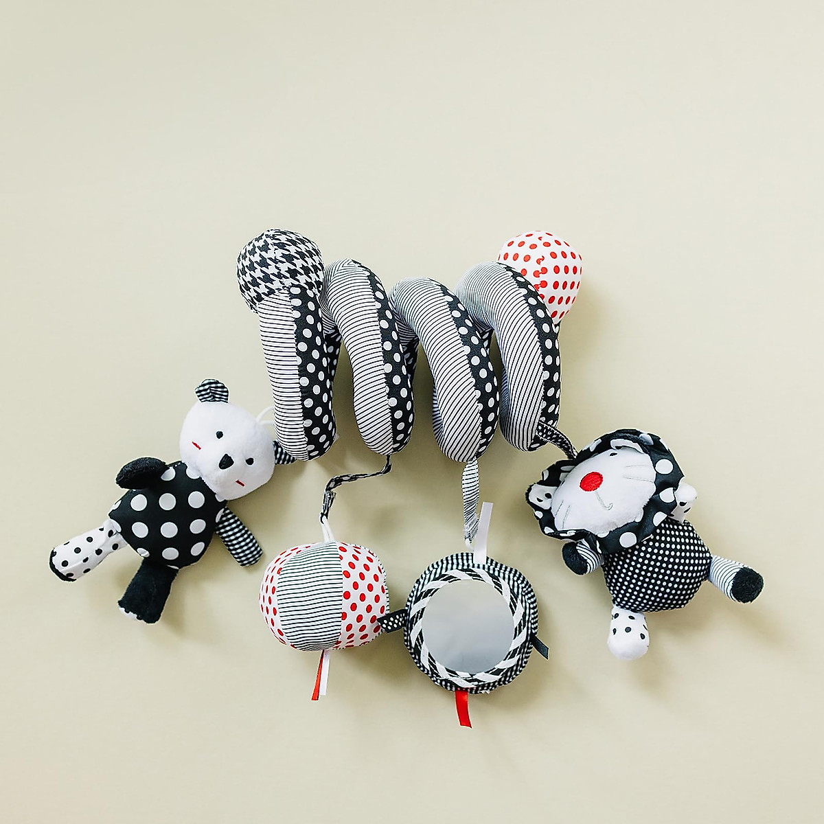 Genius Baby Toys Car Seat Toys for Infants - High Contrast Colors That Baby Sees Best - Easy to Attach - Car Seat Toy to Entertain Baby During Car Rides - Includes 4 Removable Toys on Spiral