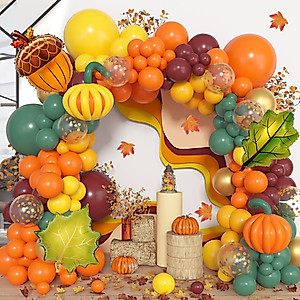 Ouddy Life 196 Pcs Fall Balloons Arch Garland Kit, Fall Party Decorations Orange Green Yellow Burgundy Maple Leaves Pinecone for Autumn Friendsgiving Thanksgiving Little Pumpkin Baby Shower Decor