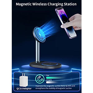 2 in 1 Magnetic Wireless Charger, 15W Fast Charging Mag-Safe Charger Stand for iPhone 15/14/13/12 Series, Wireless Charging Station for AirPods 3/Pro/2 (with QC3.0 Adapter)
