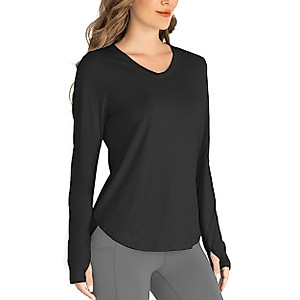 Hiverlay Long Sleeve Workout Shirts for Women V Neck UPF 50+ Athletic Shirts with Thumbhole Running Loose Active T-Shirts Black l