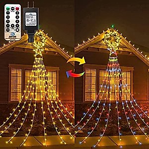 Outdoor Christmas Lights Star Curtain Lights Christmas Tree String Lights Plug in 335 LED with Topper Star Waterfall Hanging Lights Warm White & Multi-Color Changing for Xmas Gazebo Garden Yard Decor