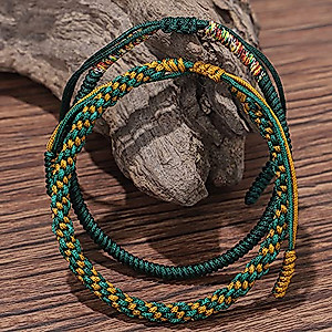Pingyongchang 3 PCS Handmade Rope Red String Hand-Knitted Bracelets Tibetan Buddhist Woven Lucky Adjustable Cotton Copper Beads Bracelets for Women Men Friendship Gifts Jewelry-Green