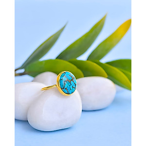 YoTreasure 13x14 MM Blue Copper Turquoise Ring 14k Gold Plated Over 925 Silver Jewelry