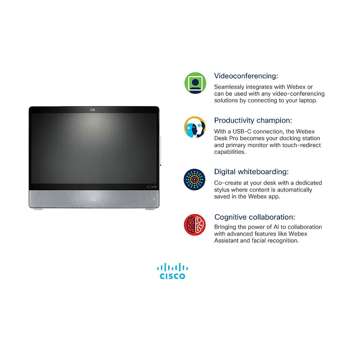 Cisco Webex Desk Pro with 27-inch 4K Screen, 12 MP Video Camera, Noise Canceling Mic, USB-C Docking Connection, 90-Day Limited Liability Warranty (CS-DESKPRO-K9) (Renewed)