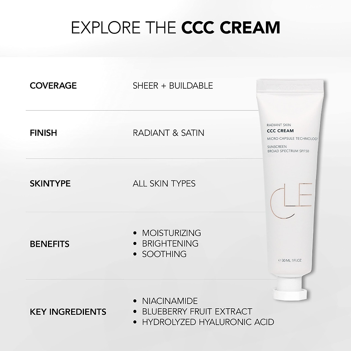 Cle Cosmetics CCC Cream Foundation, Color Control and Change Cream That's a BB and CC Cream Hybrid, Multi-purpose Beauty Primer and Facial Foundation, 1 fl oz SPF 30 (Neutral Medium Light 201)